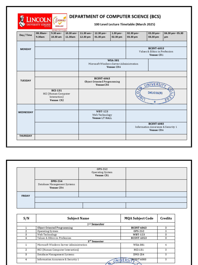 BCS - 100 Level Lecture TimeTable March, 2025 (Semester 1, 2 &3) | PDF ...