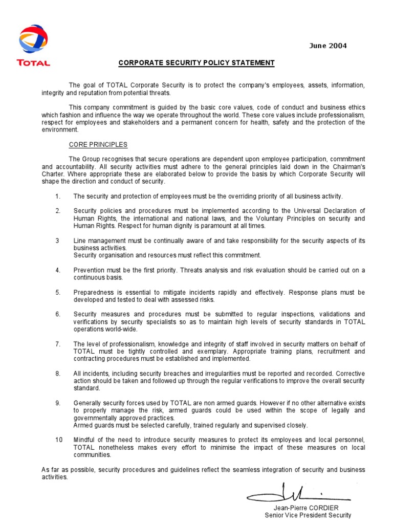 Corporate Security Policy Statement | PDF | Security | Employment
