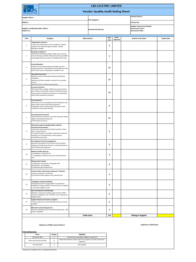 Vendor Quality Audit Rating Sheet | PDF | Calibration | Audit