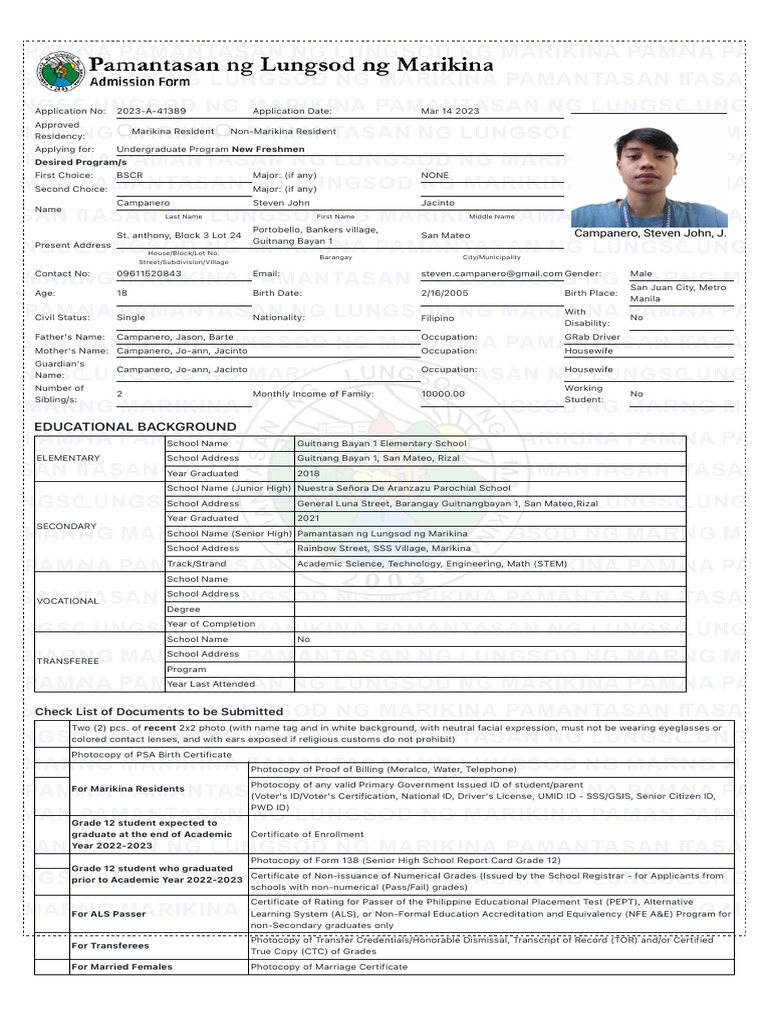 PLMar Admission Application 2023 | PDF