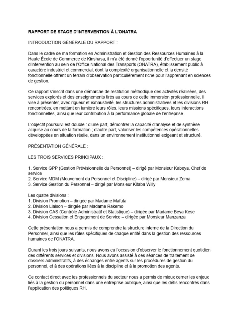 Rapport de Stage à l'ONATRA | PDF | Gestion des ressources humaines ...