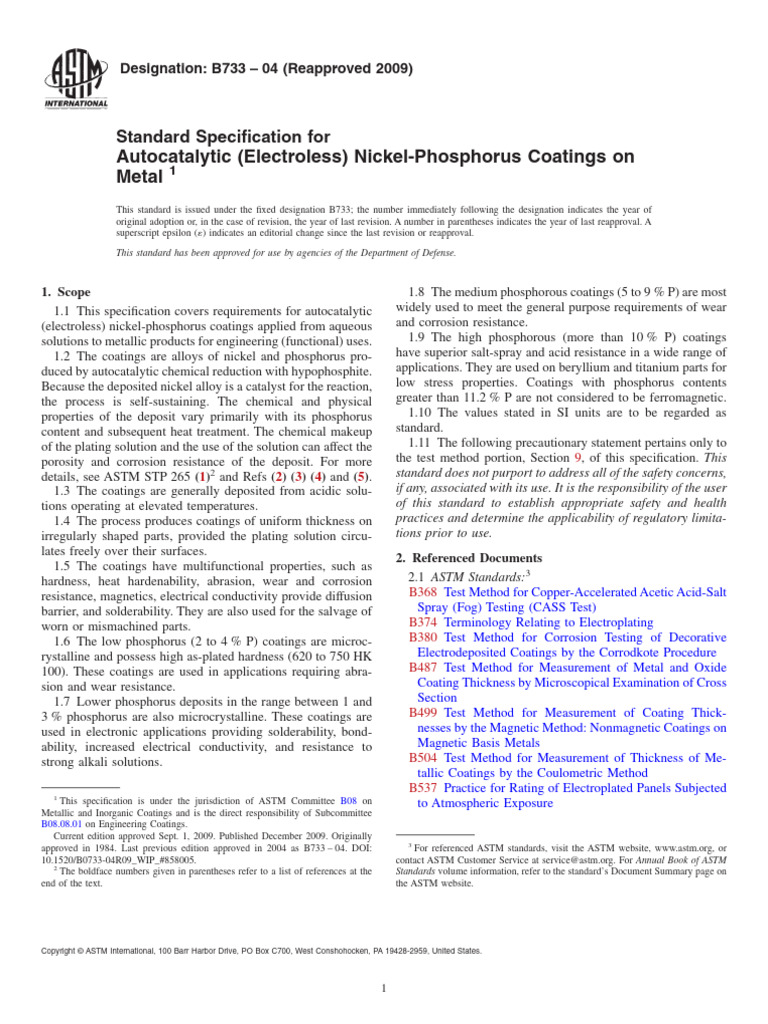 ASTM B733-04: Electroless Nickel Coatings | PDF | Heat Treating | Corrosion