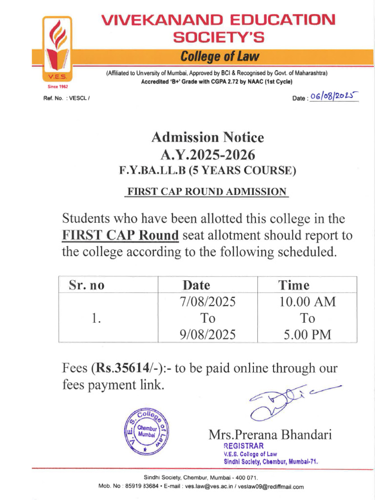 VES College Law Admission 2025-26 | PDF