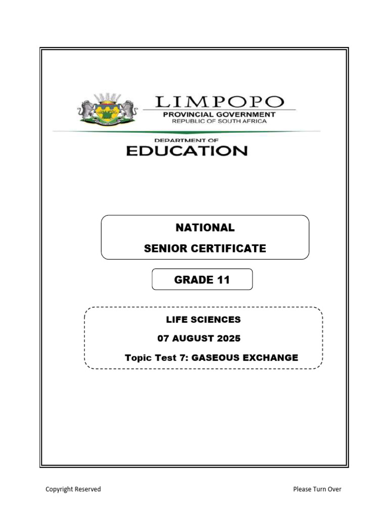Grade 11 Topic Test 7 Gaseous Exchange | PDF | Breathing | Lung