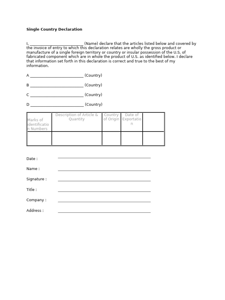 Single Country Declaration Form | PDF