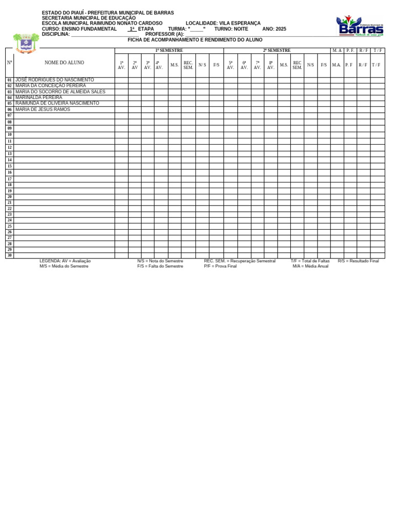 Fichas Rendimento 2025 Eja - 1 Etapa | PDF