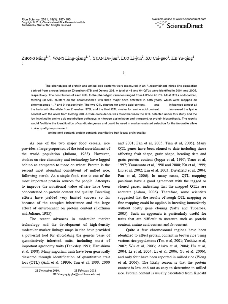 Identification of QTL Affecting Protein and Amino Acid Contents in Rice | PDF | Quantitative ...