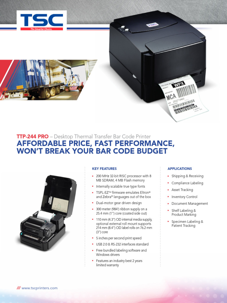 TTP 244 Pro Eng Datasheet Us | PDF | Printer (Computing) | Barcode