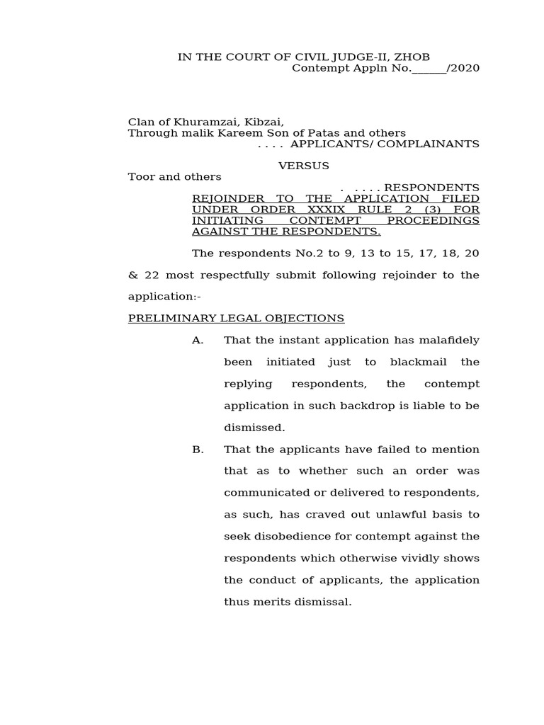 Clan of Khuramzai, Kibzai vs. Toor and Others Contempt Rejoinder | PDF | Justice | Crime & Violence