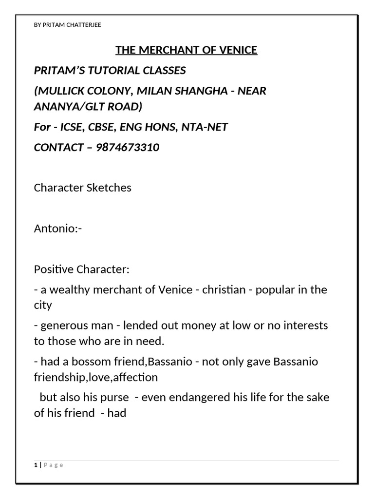 Merchant of Venice Character Analysis | PDF | The Merchant Of Venice ...