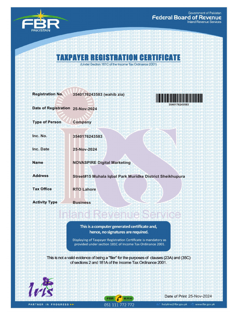 FBR Income Tax Certificate for Novaspire | PDF