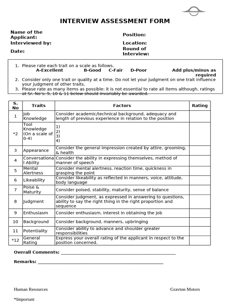 Interview Assessment Form - HR Department | PDF | Social Psychology | Cognition