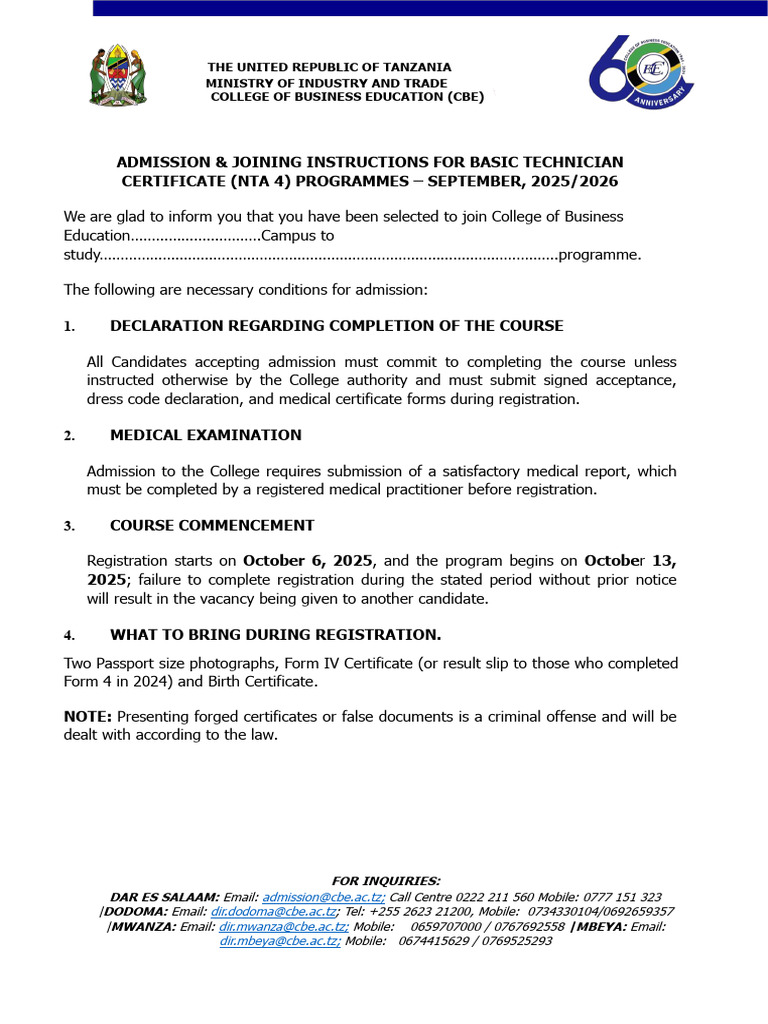 New Joining Instructions For Nta 4 Sept Intake 2025-2026-1 | PDF