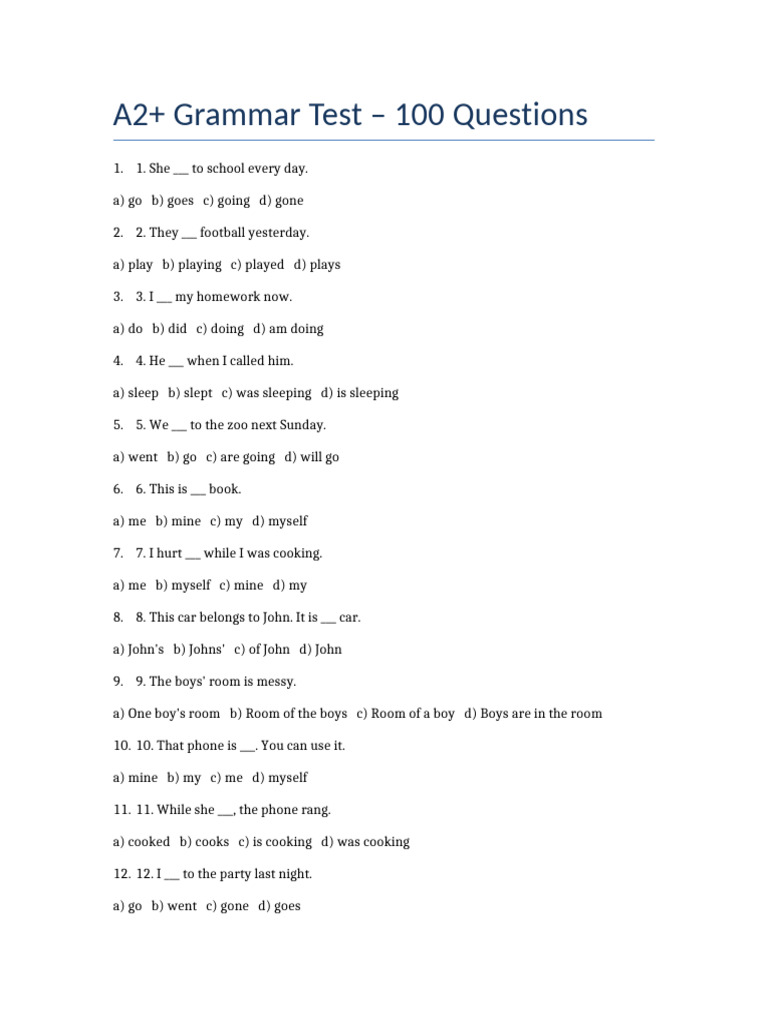 A2+ Beginner Grammar Test | PDF | Chess Openings | Chess