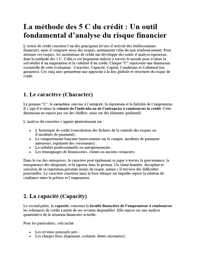 Méthode des 5 C du crédit expliquée | PDF | Crédit | Finance et gestion ...