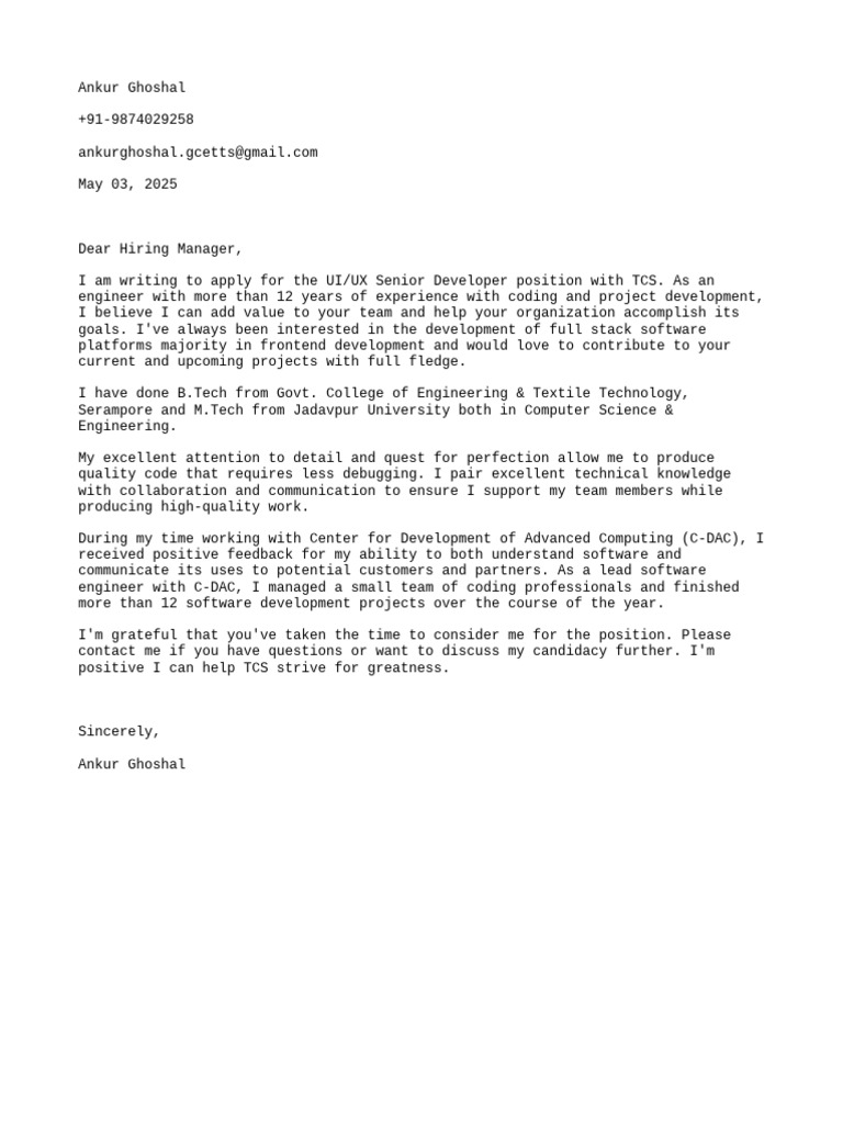 Cover Letter TCS | PDF