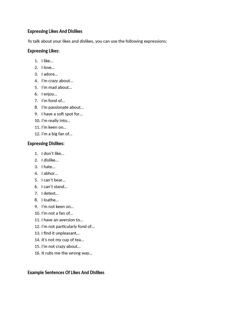 Expressing Likes and Dislikes | PDF | Hobbies | Foods