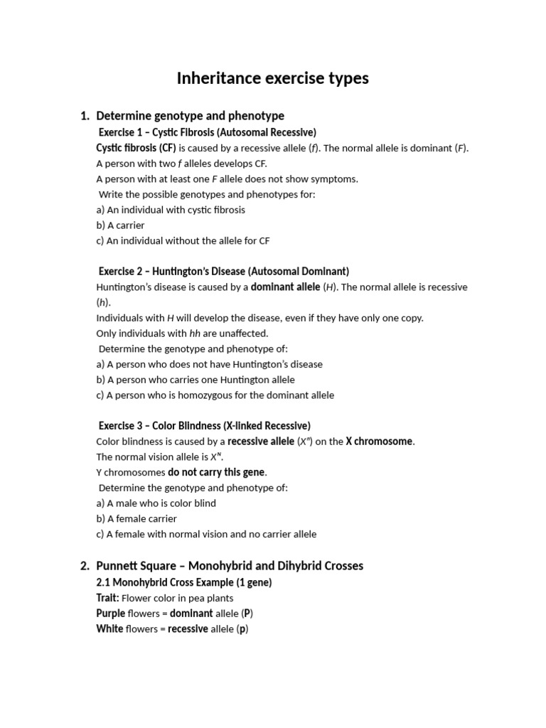 Inheritance Exercise Types IB HL | PDF | Genotype | Dominance (Genetics)