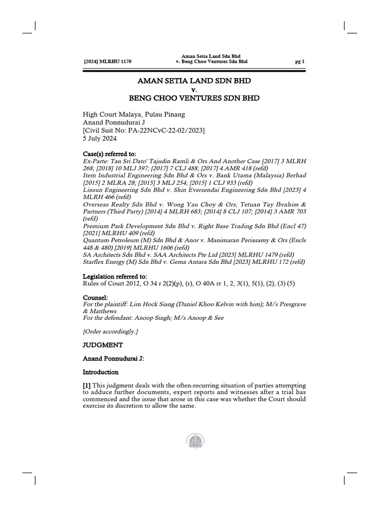 Aman Setia Land v. Beng Choo Ventures Case | PDF | Expert Witness | Witness
