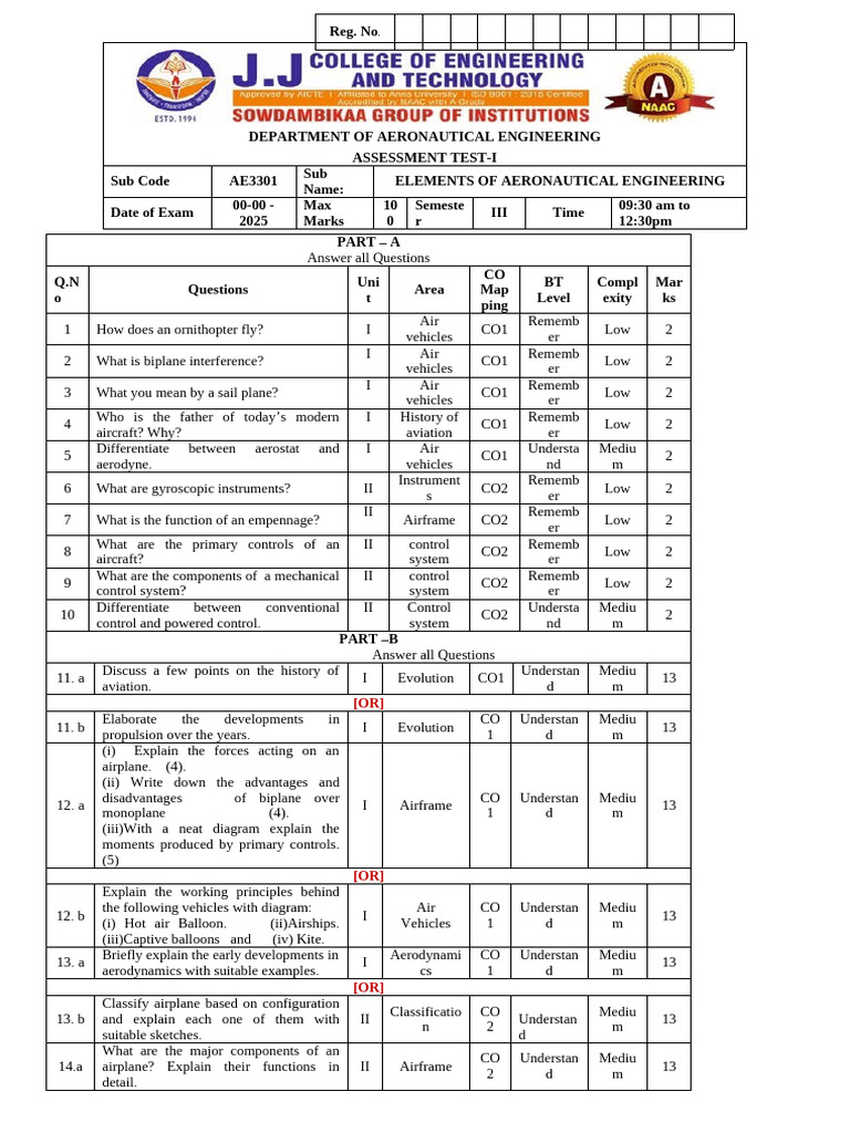 Aeronautical Engineering Assessment Test | PDF | Airplane | Aircraft