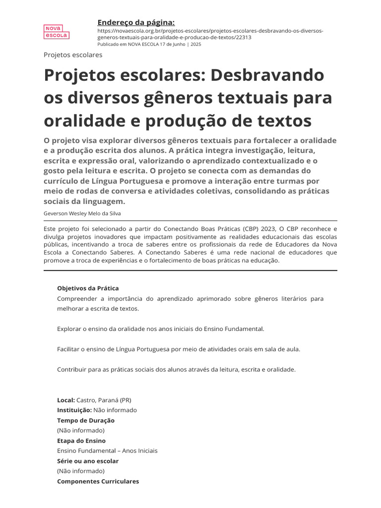 Projetos de Gêneros Textuais na Escola | PDF | Aprendizado | Escolas