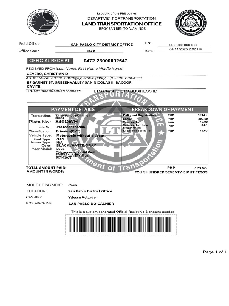 LTO Official Receipt Template 2025 | PDF | Transport