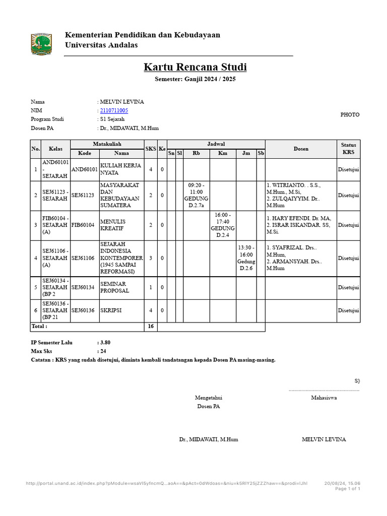 Cetak Rencana Studi - Portal Akademik Universitas Andalas | PDF