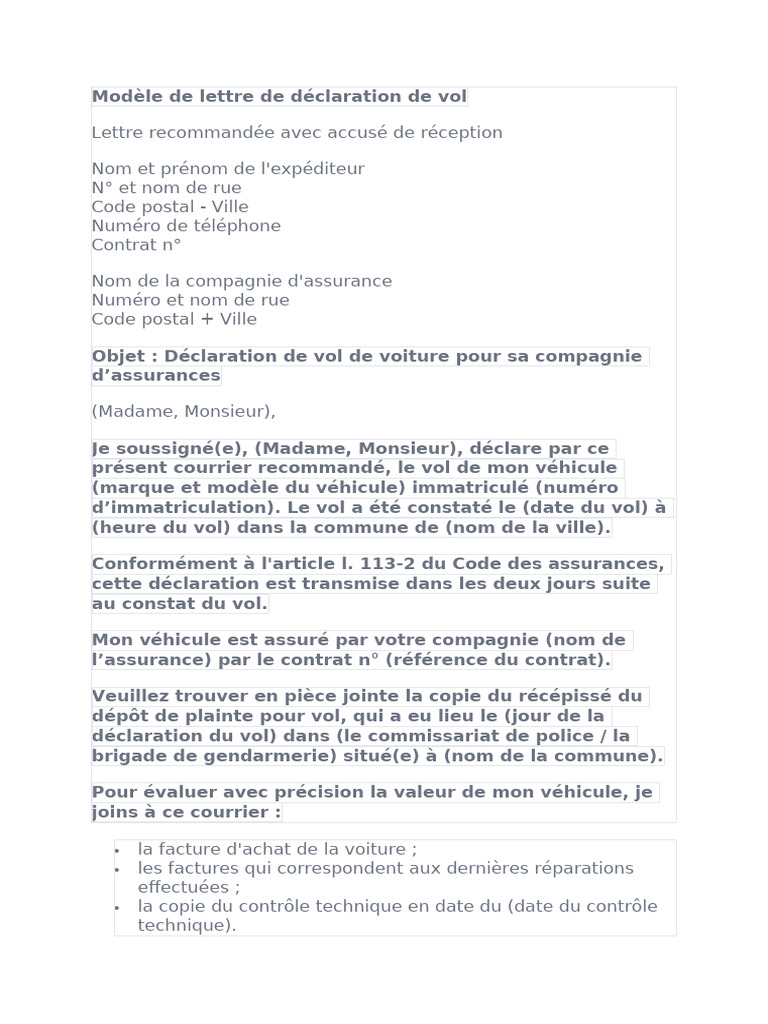 Modèle de déclaration de vol de véhicule | PDF