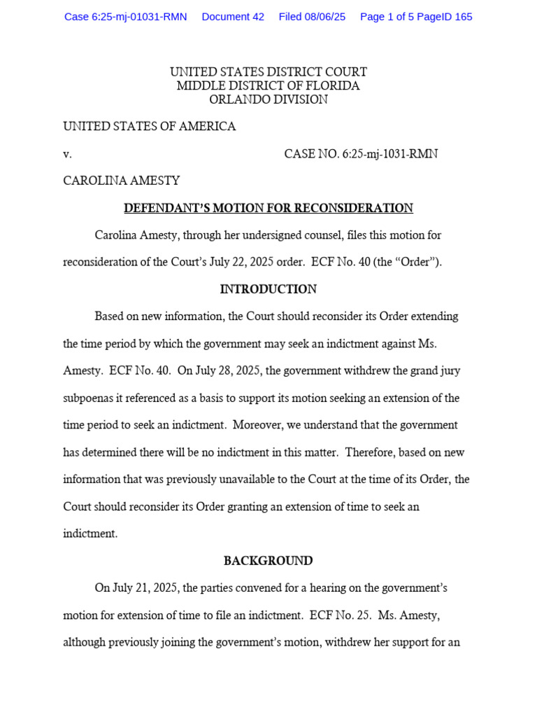 42 - Motion To Reconsider - 08-06-2025 (188668718.1) Amesty Case in Florida | PDF | Grand Jury ...