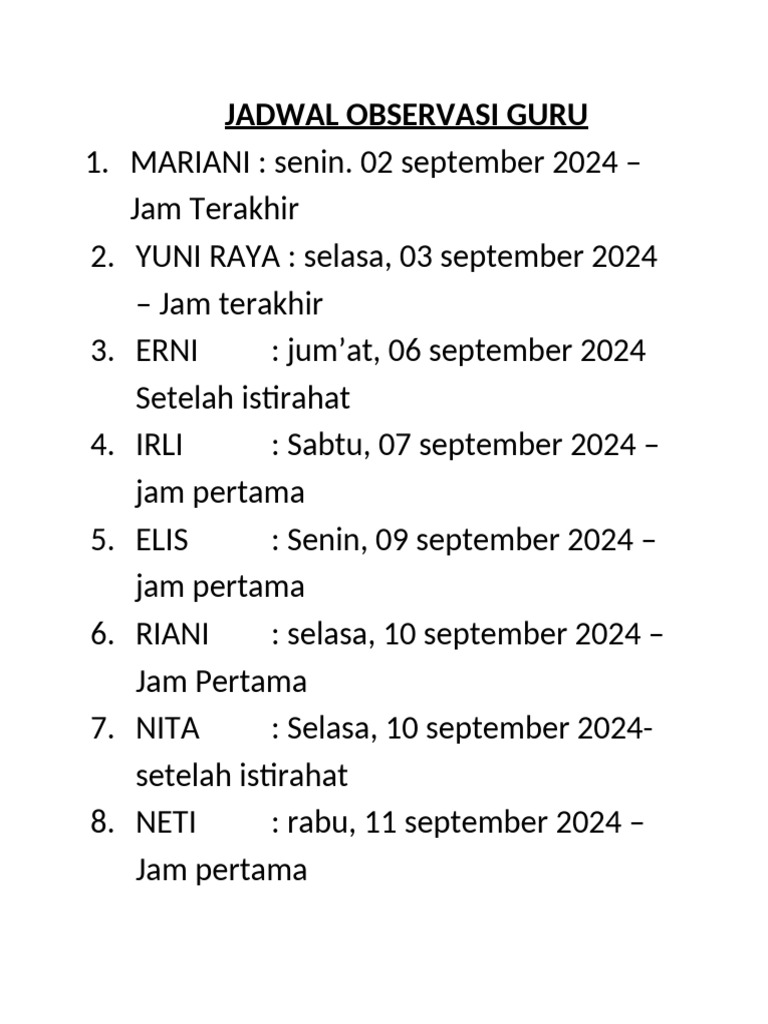 Jadwal Jam Observasi Guru 2024 | PDF
