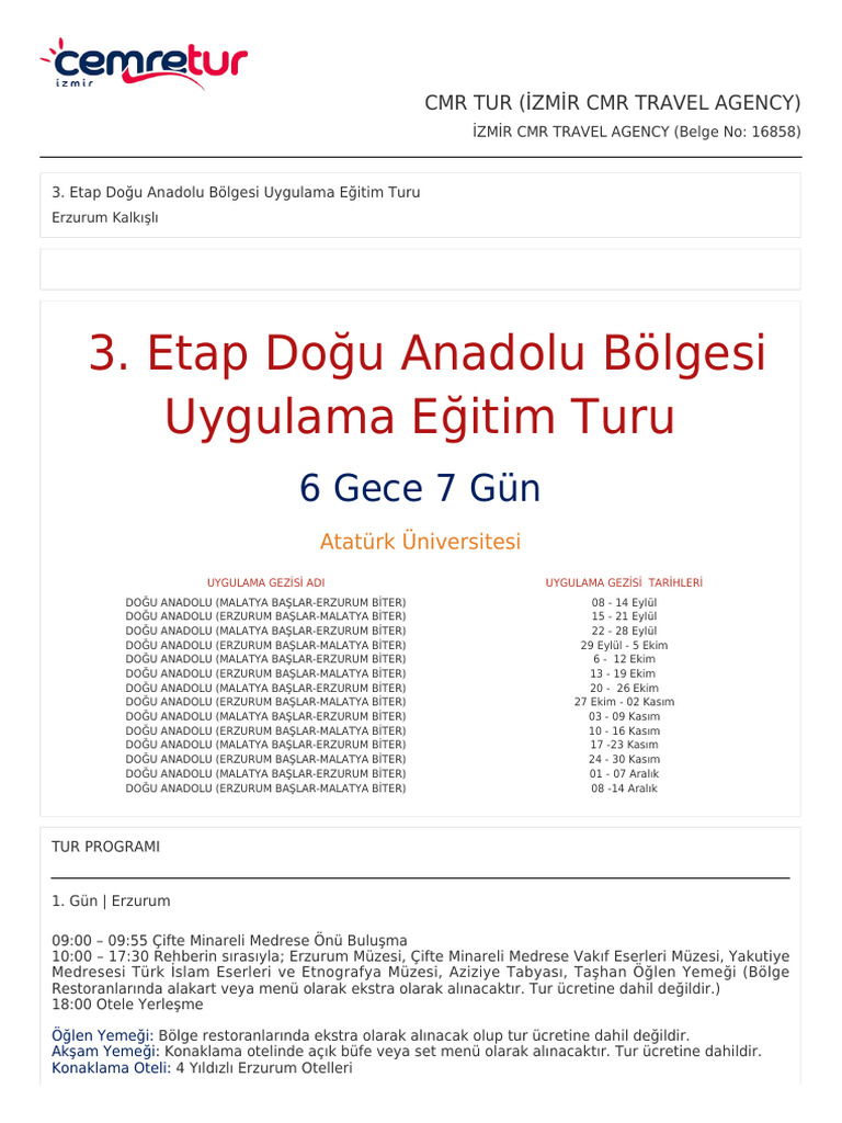 Tur Bilgileri 3 Etap Dogu Anadolu Bolgesi Uygulama Egitim Turu | PDF