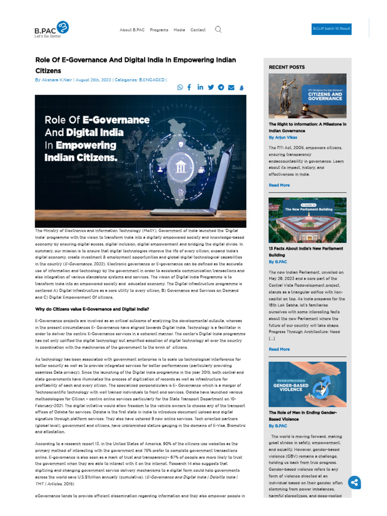 Bpac in Role of e Governance and Digital India in Empowering Indian Citizens | PDF | Governance