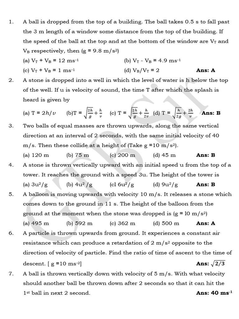 Kinematics Vertical Projection DPP | PDF | Motion (Physics) | Applied ...