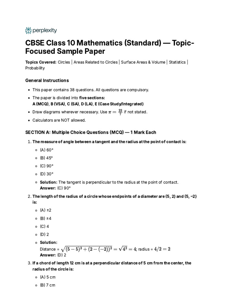 CBSE Class 10 Mathematics (Standard) — Topic-Focus (1) | PDF | Area | Sphere