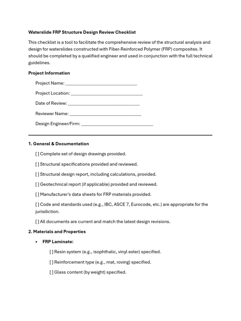 Waterslide FRP Structure Design Review Checklist | PDF | Fibre ...