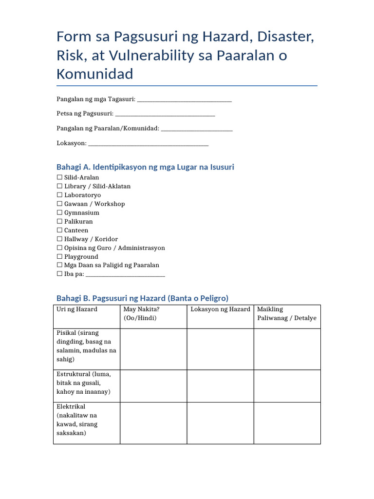 Assessment Form Hazard Disaster Risk Vulnerability | PDF