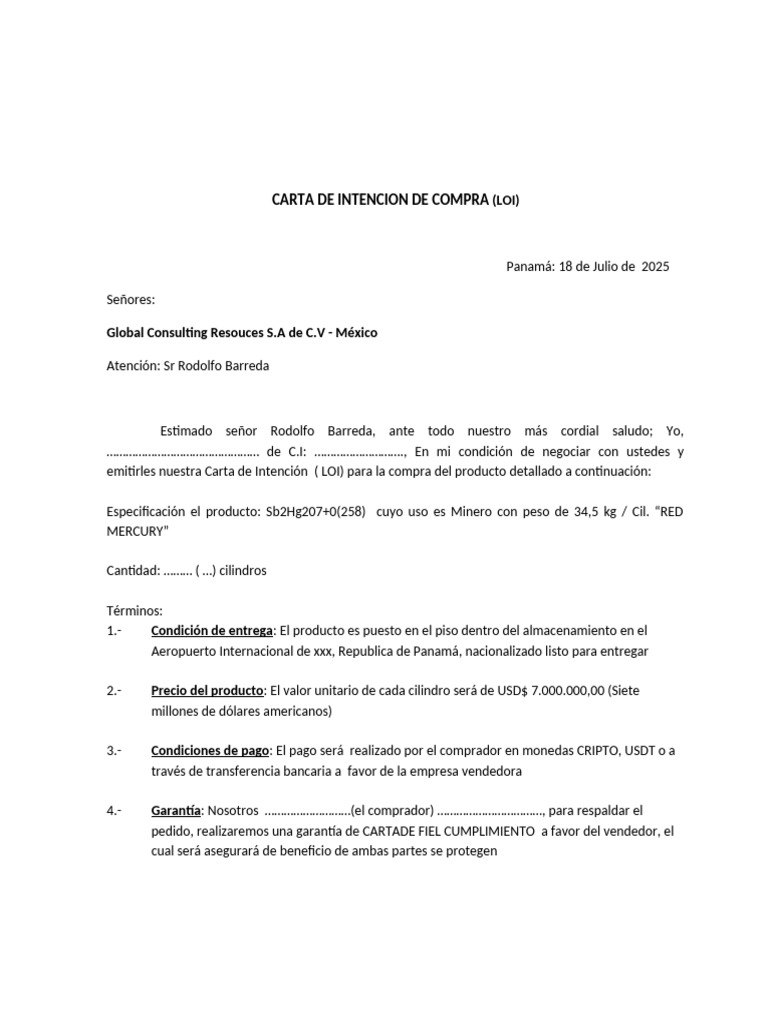 Carta de Intención de Compra de Red Mercury | PDF