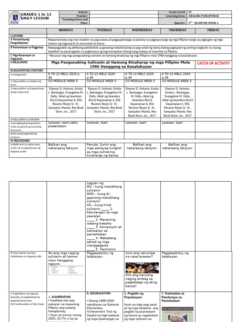DLL Araling Panlipunan 6 q4 w6 | PDF