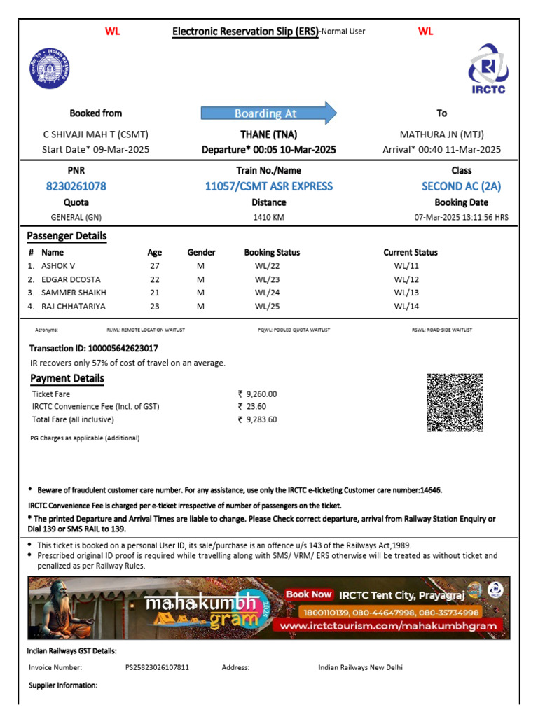 11057/Csmt Asr Express Second Ac (2A) : WL WL | PDF | Identity Document | Payments