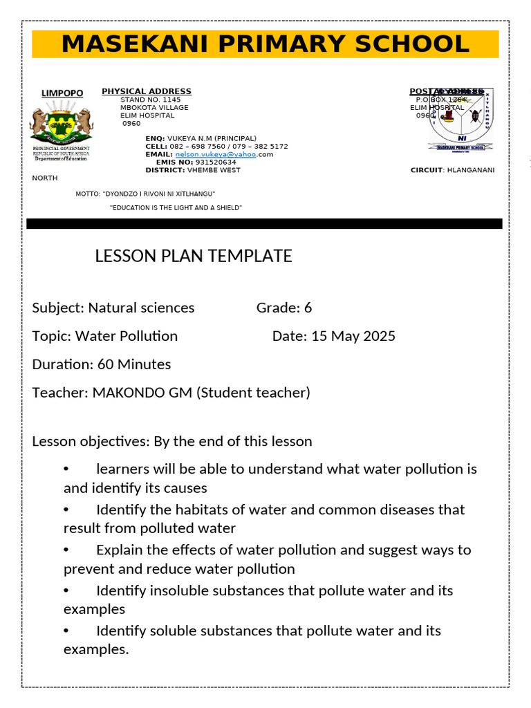 Lesson Plan Grade 6 Water Pollution | PDF