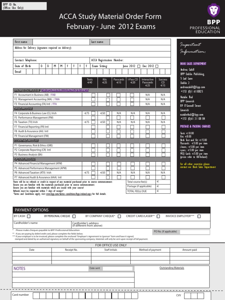 Ireland Acca Materials Order Form | PDF | Credit Card | Cheque
