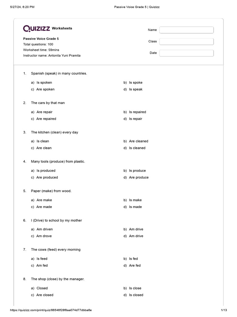 Grade 5 Passive Voice Worksheet | PDF