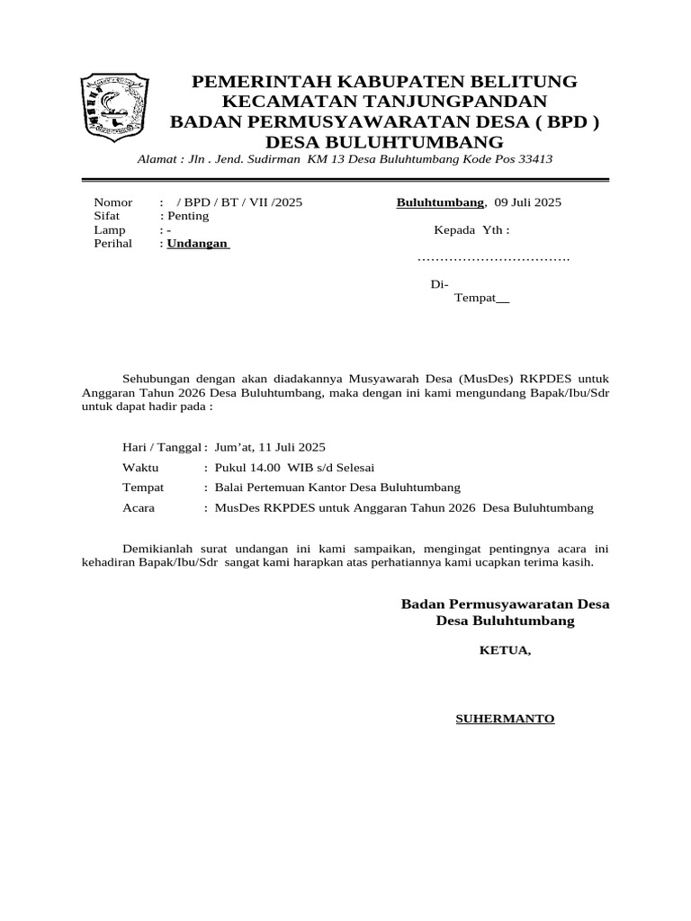 Undangan Musdes Rkpdes Angg 2026 | PDF