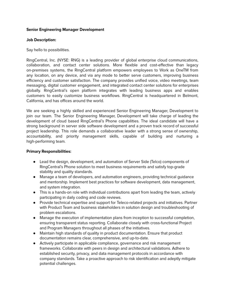 Senior Engineering Manager Development JD | PDF | Software Development ...