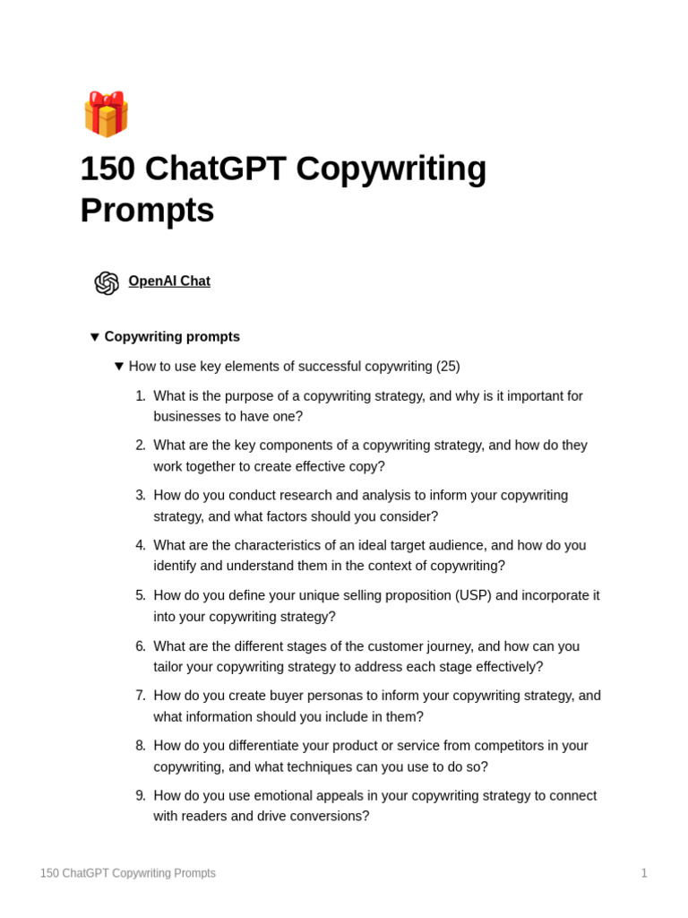 150 Essential ChatGPT Copywriting Prompts | PDF | Copywriting | Narrative