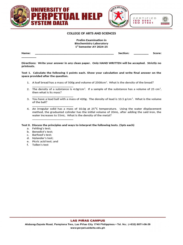 Biochem Laboratory Prelim Examination | PDF