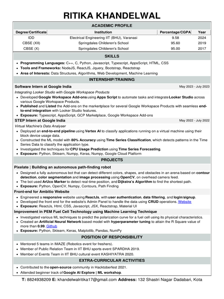 Ritika Khandelwal 1908420 Resume | PDF | Machine Learning | Computing