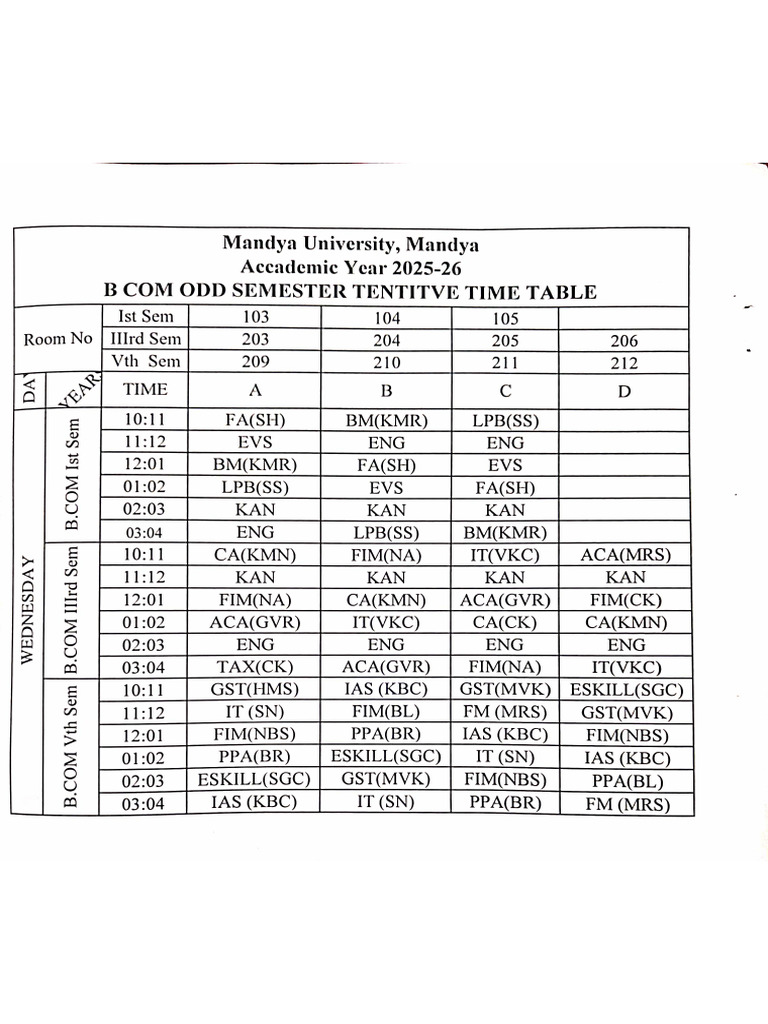 Wednesday Timetable | PDF