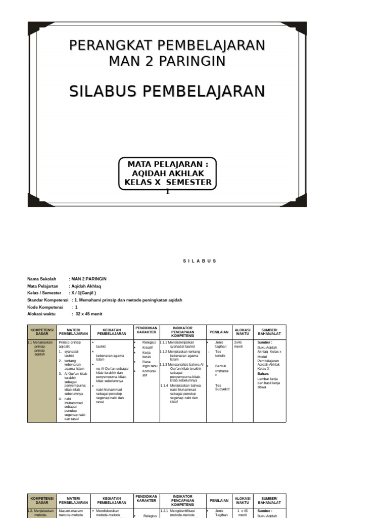 SILABUS Aqidah Akhlak MA Kelas X, 1-2 | PDF