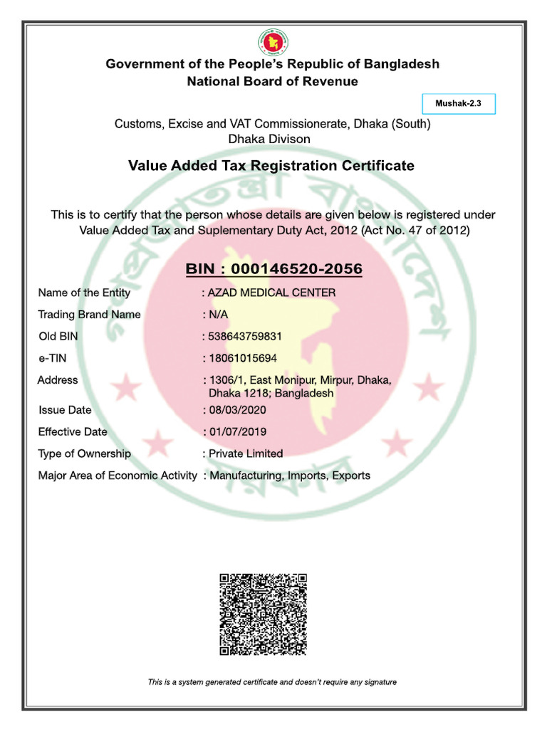 VAT Registration Certificate for AZAD MEDICAL CENTER | PDF